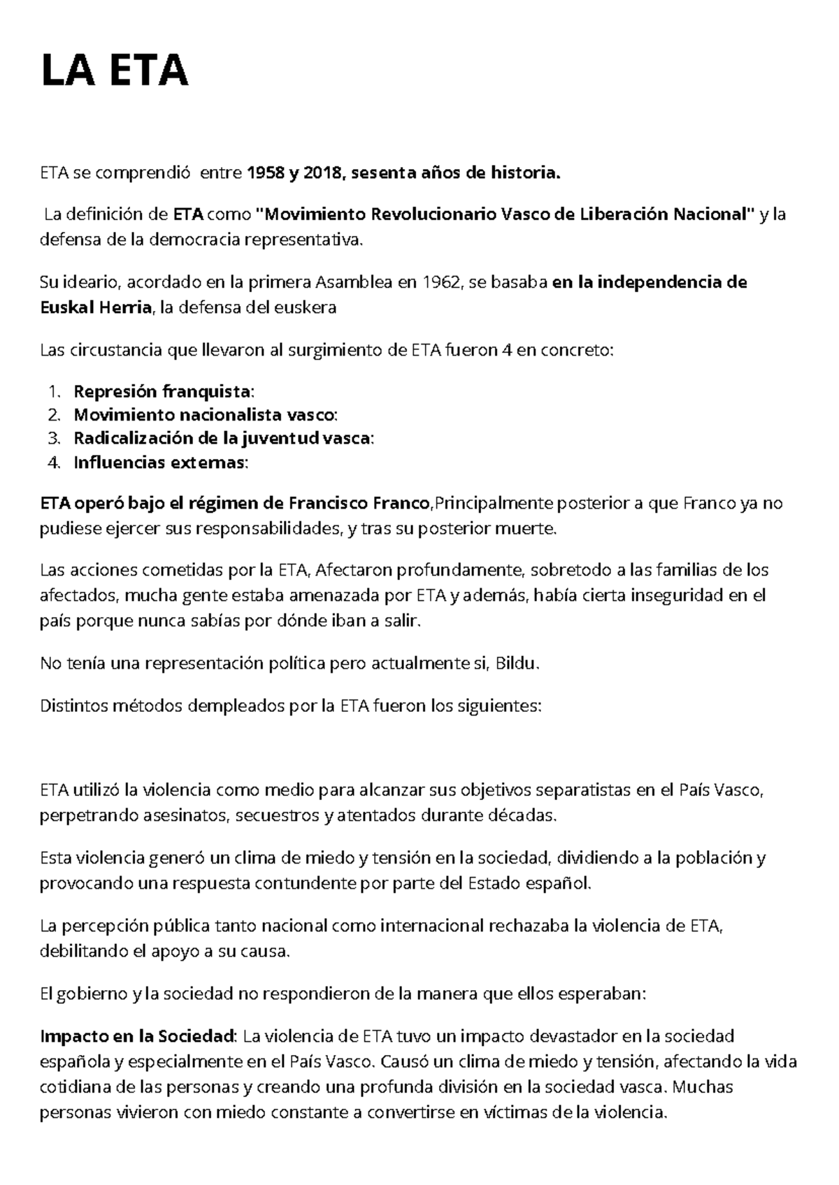 LA ETA - LA ETA ETA se comprendió entre 1958 y 2018, sesenta años de ...