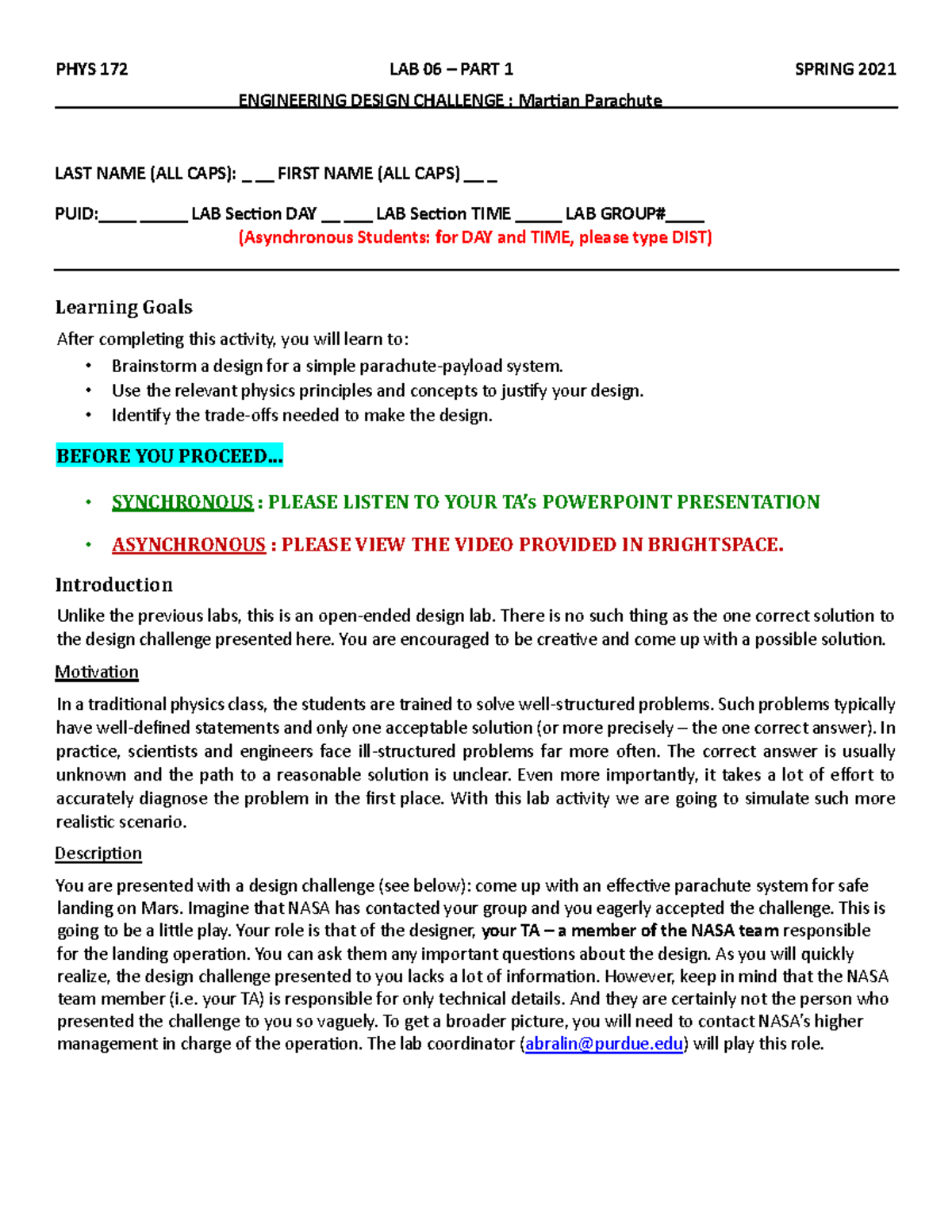 Lab 06 spring 24 - PHYS 172 LAB 06 – PART 1 SPRING 2021 ENGINEERING DESIGN CHALLENGE : Martian ...
