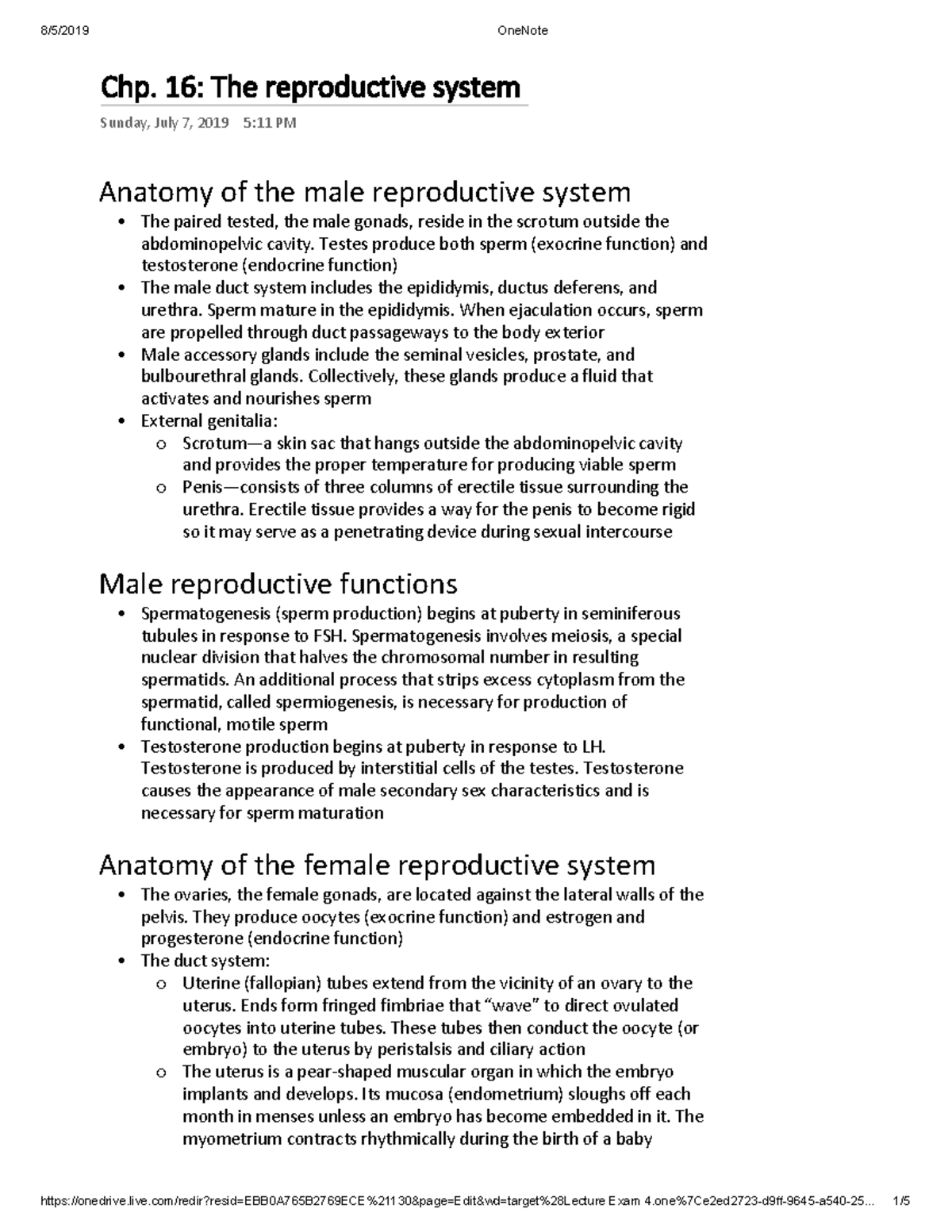 Bio 2404 - Chp 16 summary - OneNote Chp. 16: The reproductive system ...