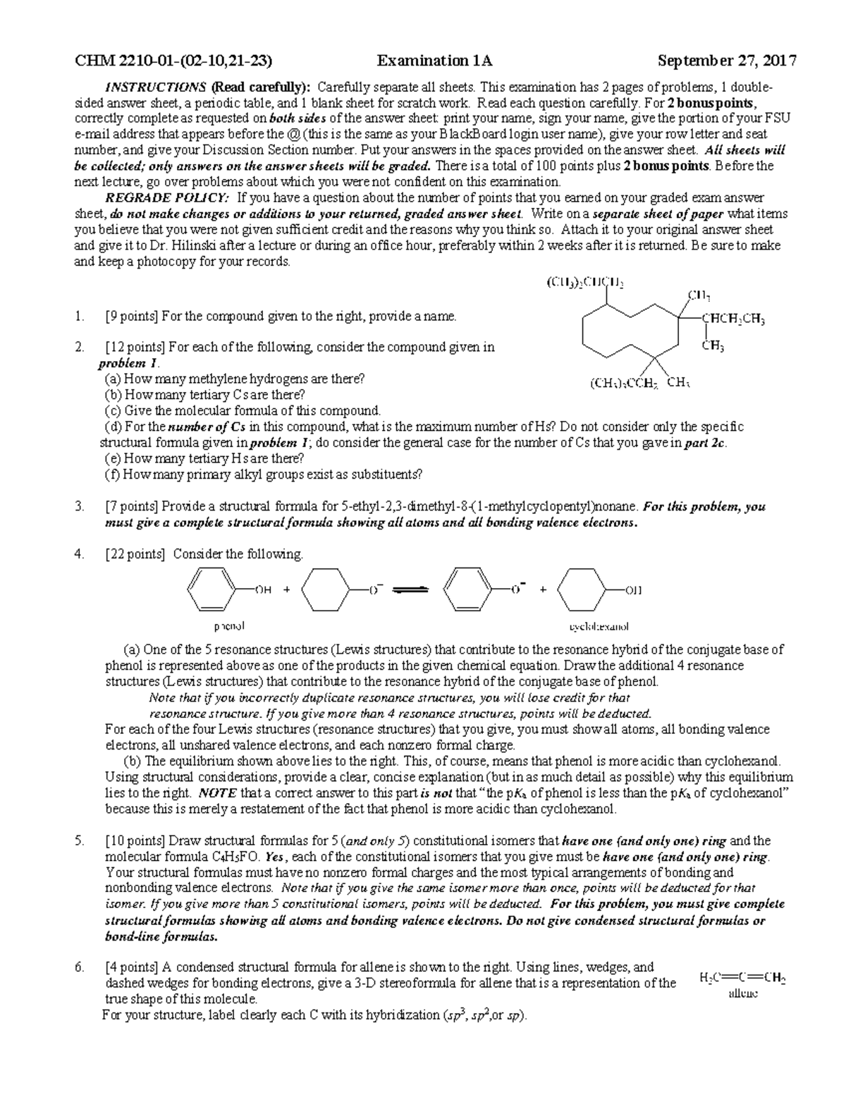 Exam 1 w answers - Study guide organic chemistry 1 - CHM 2210-01-(02-10 ...