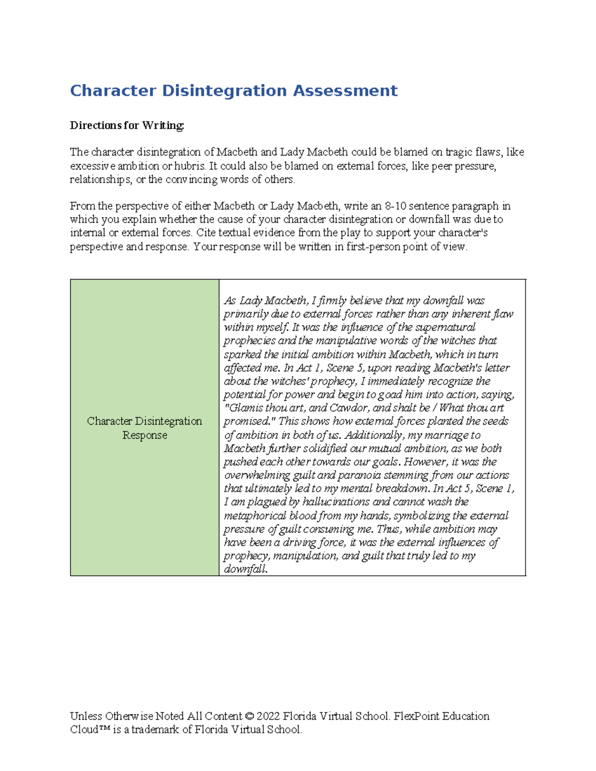 Character disintegration rubric - Character Disintegration Assessment ...