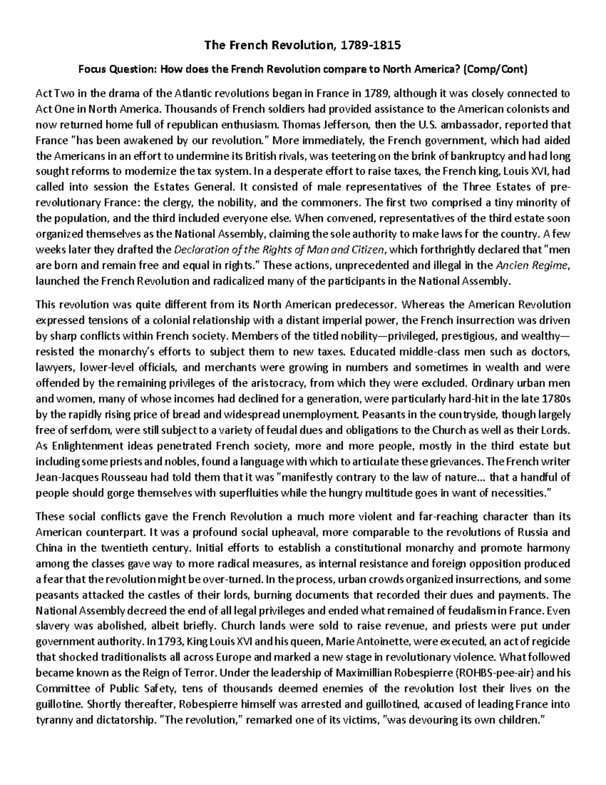 The French Revolution - Notes - The French Revolution, 1789- 1815 Focus ...