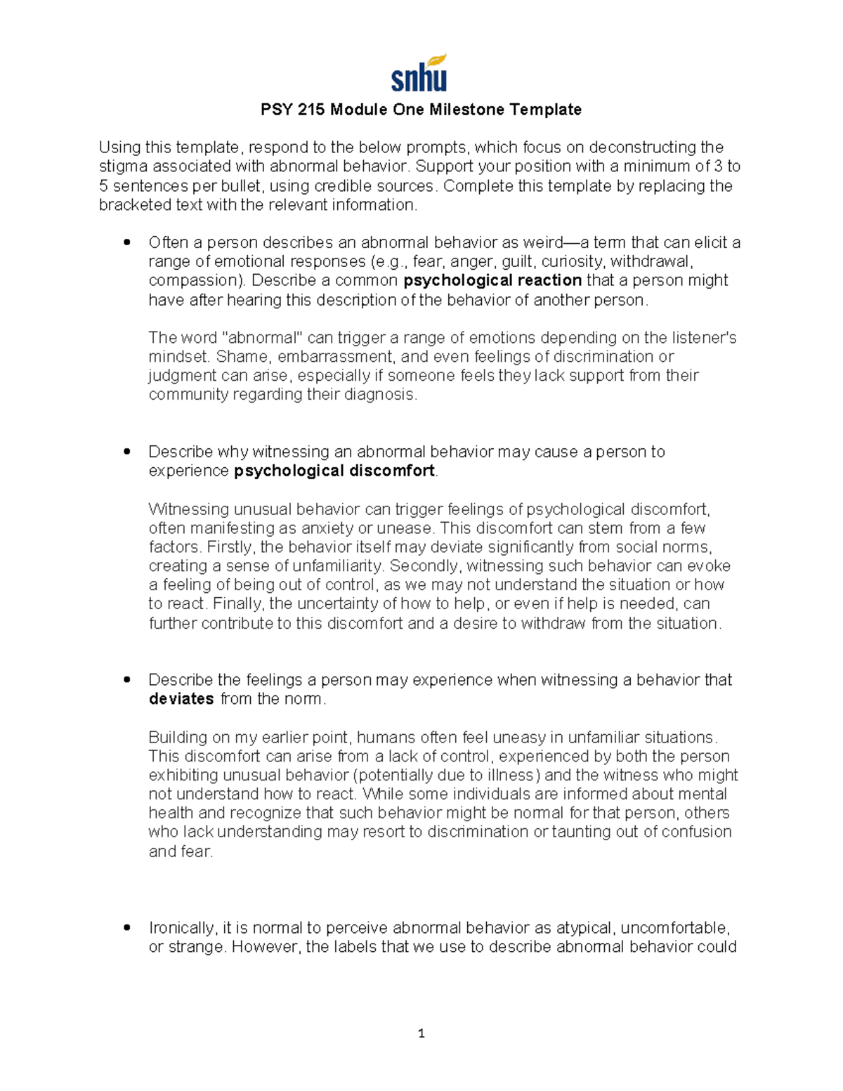 PSY 215 Module One assignment - PSY 215 Module One Milestone Template ...