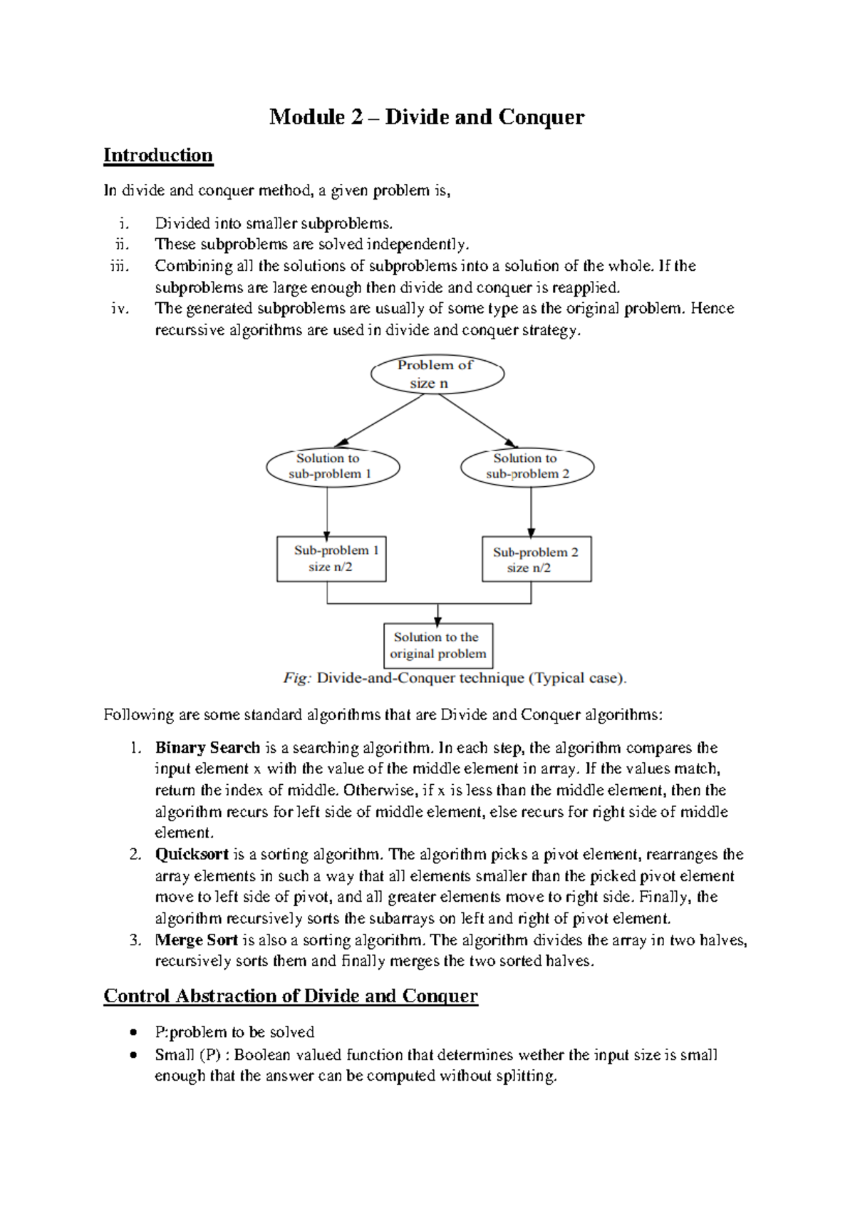 Daa mod2 - notes - Module 2 – Divide and Conquer Introduction In divide ...