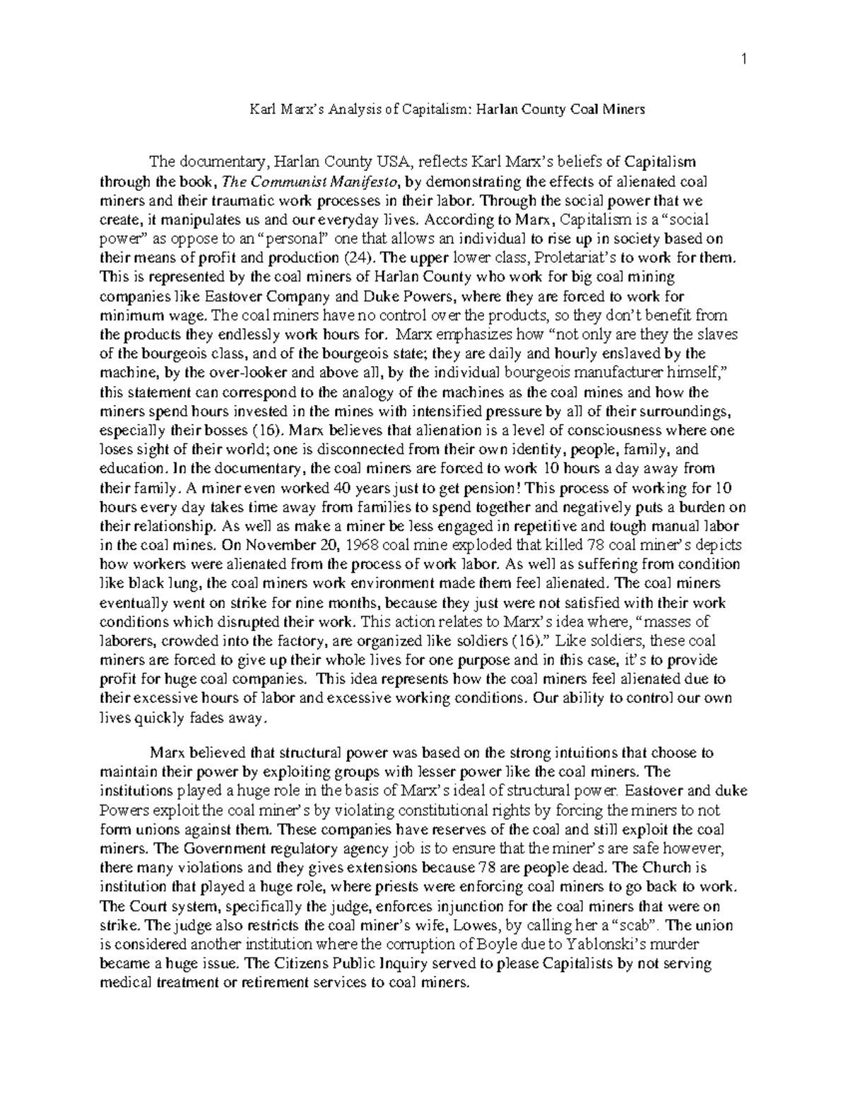 Karl Marx's Analysis of Capitalism- Harlan Country Coal Miners ...
