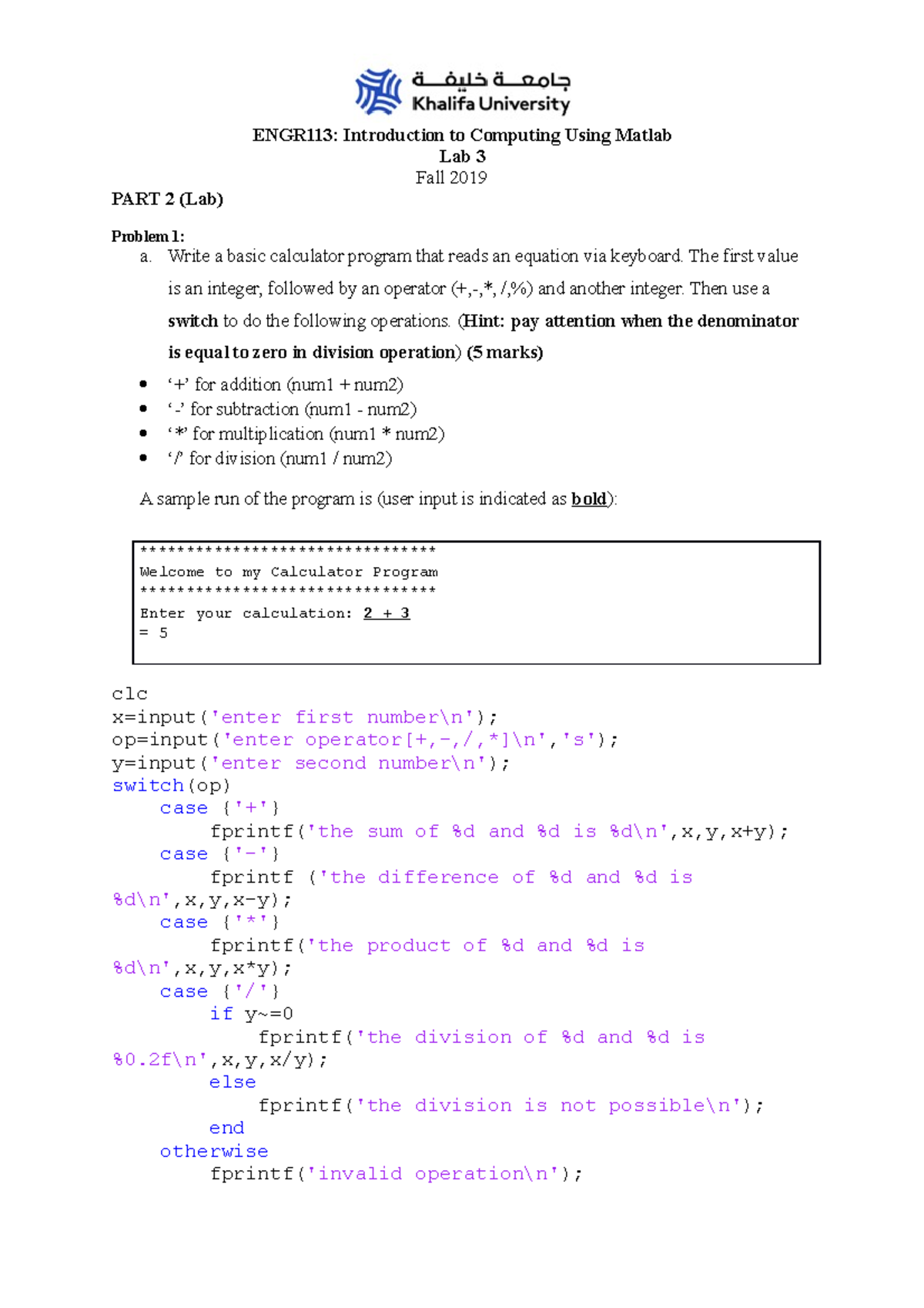 Lab 3 assignments-Shahad Shafeeque-100053908 - Matlab - Studocu