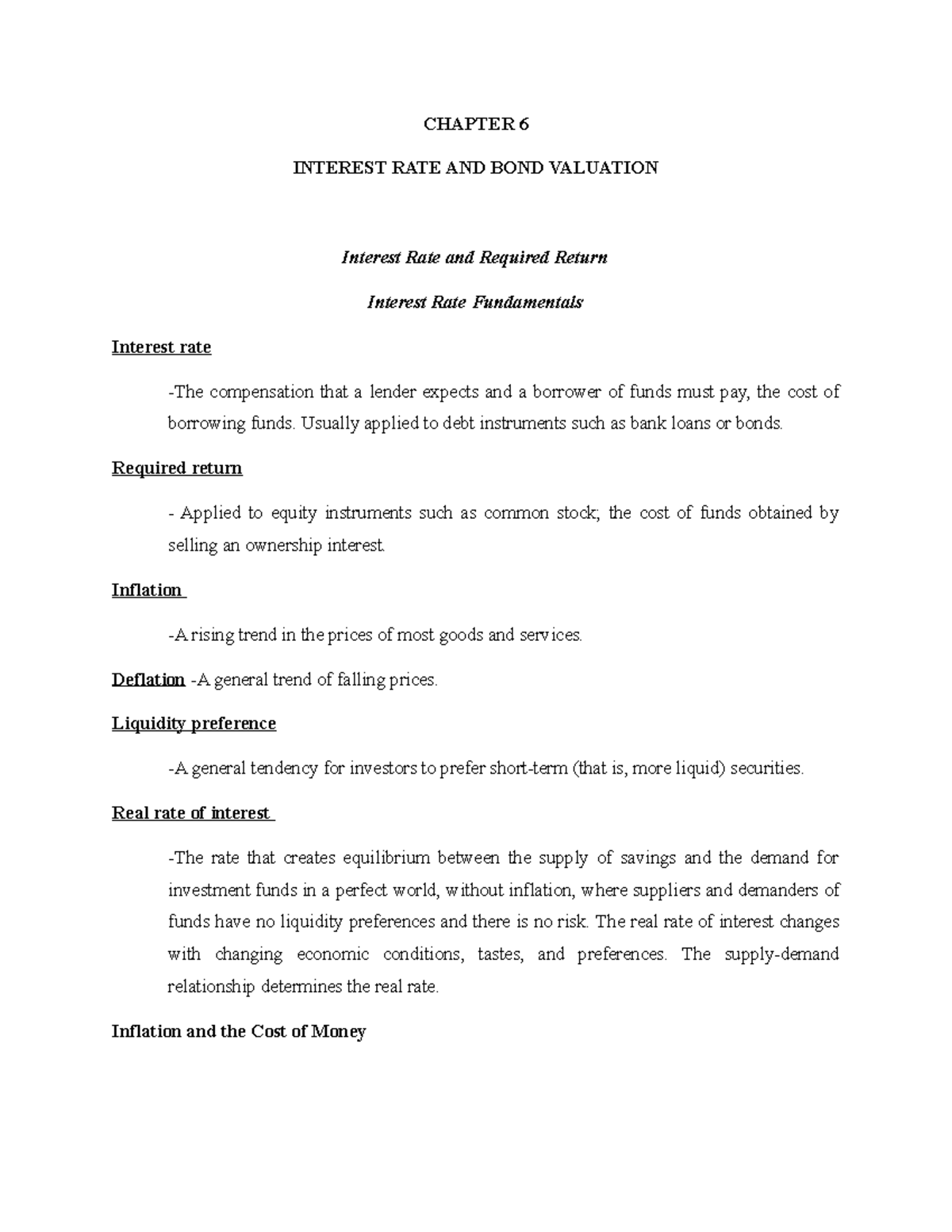 Financial Management CHAPTER 6 summary notes - CHAPTER 6 INTEREST RATE ...
