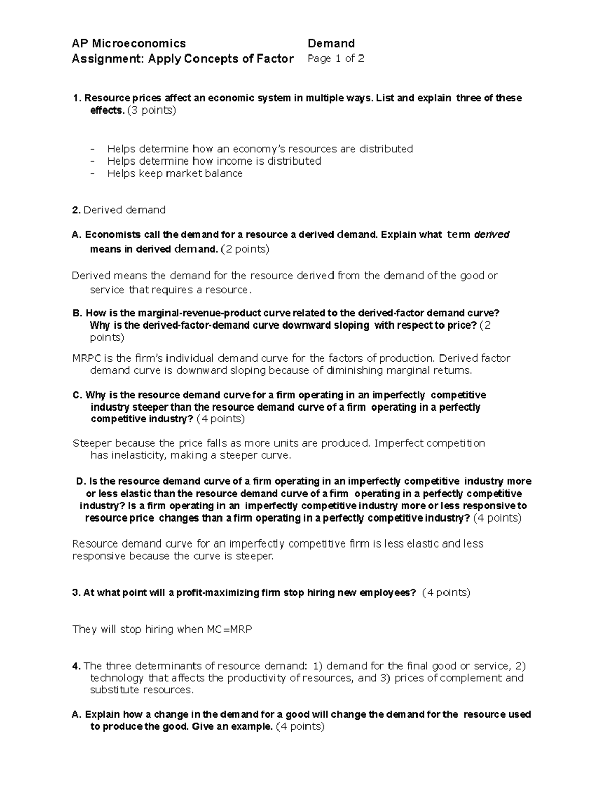 Assignment Apply Concepts of Factor Demand - AP Microeconomics Assignment: Apply Concepts of ...
