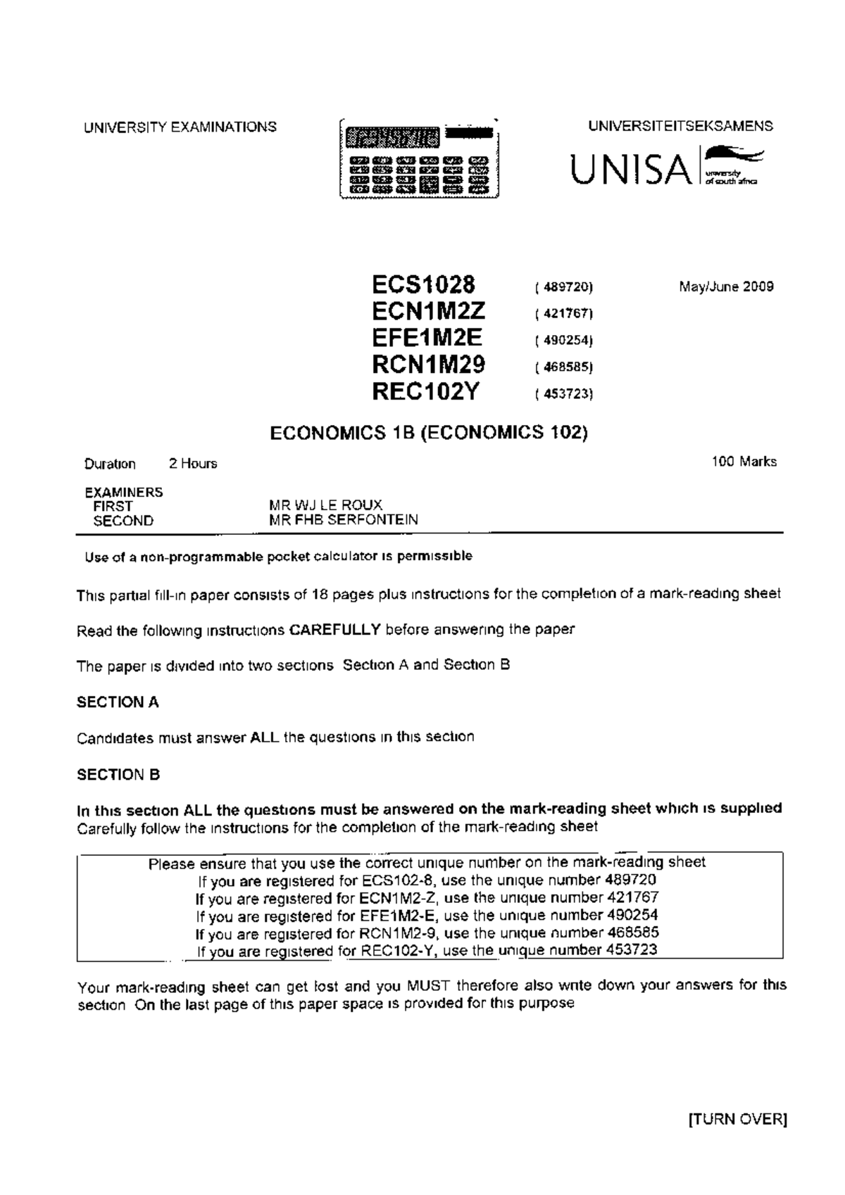 ECS1601 - Exam 2009 - UNIVERSITY EXAMINATIONS UNIVERSITEITS EKSAM ENS Q ...