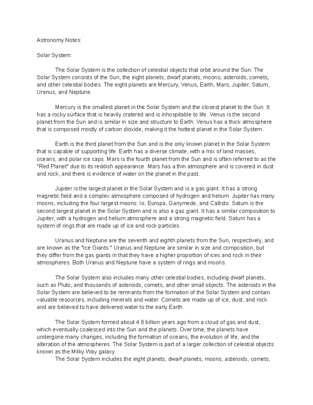 Astronomy Notes - Astronomy Notes: Solar System: The Solar System is ...