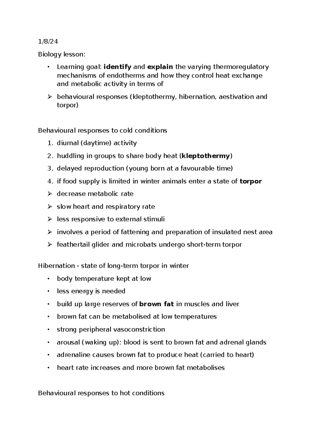 Biology lesson thermoregulatory note - 1/8/ Biology lesson: - Learning ...