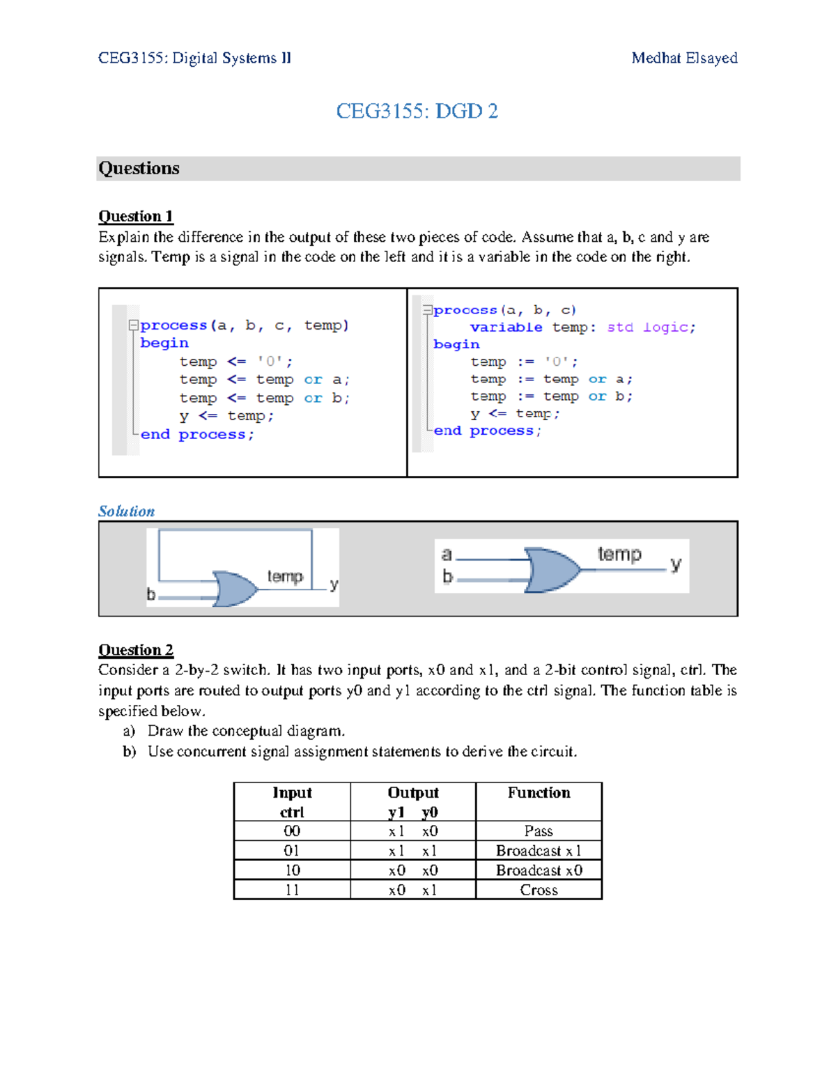 DGD 2 sol - tutorial ceg 3155 - CEG3155: DGD 2 Questions Question 1 Explain the difference in ...