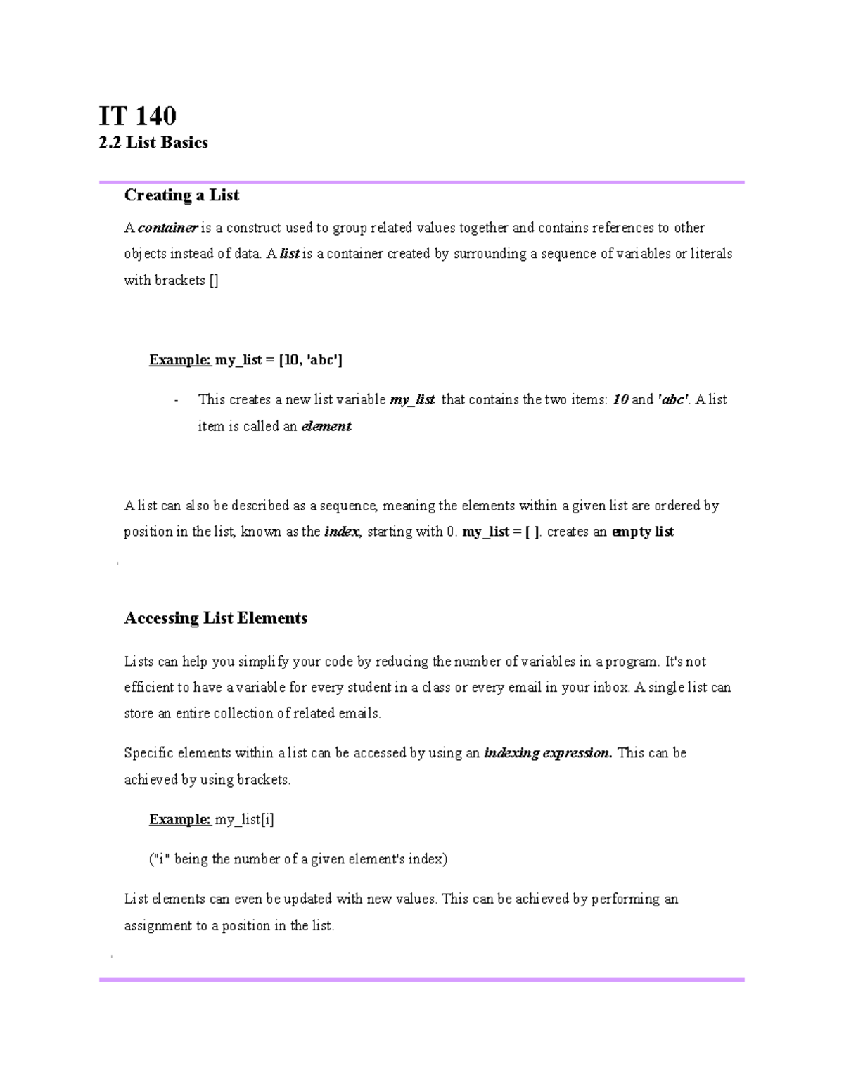IT 140 Notes: List Basics - IT 140 2 List Basics Creating a List A ...