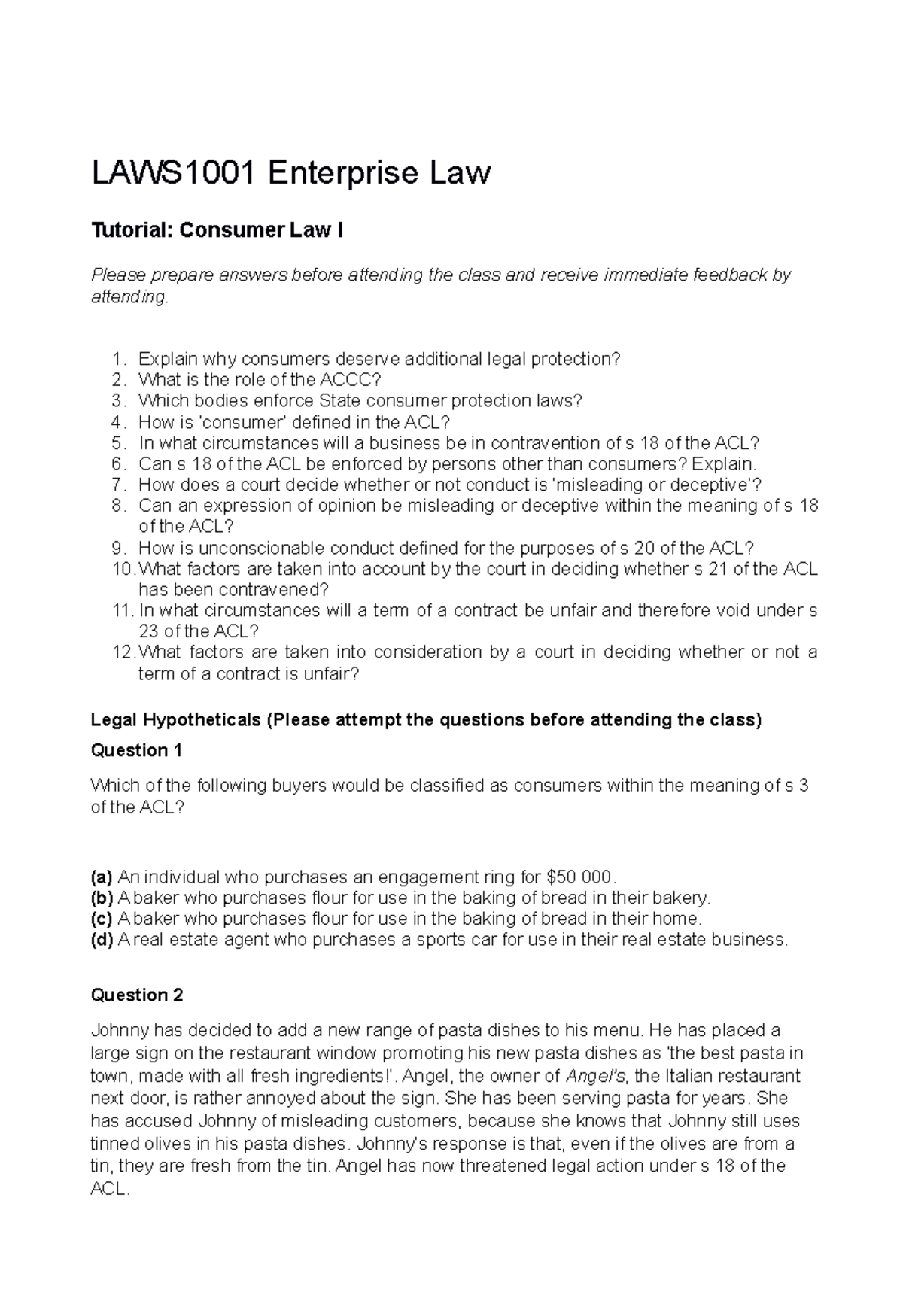 Consumer Law I tutorial - LAWS1001 Enterprise Law Tutorial: Consumer ...