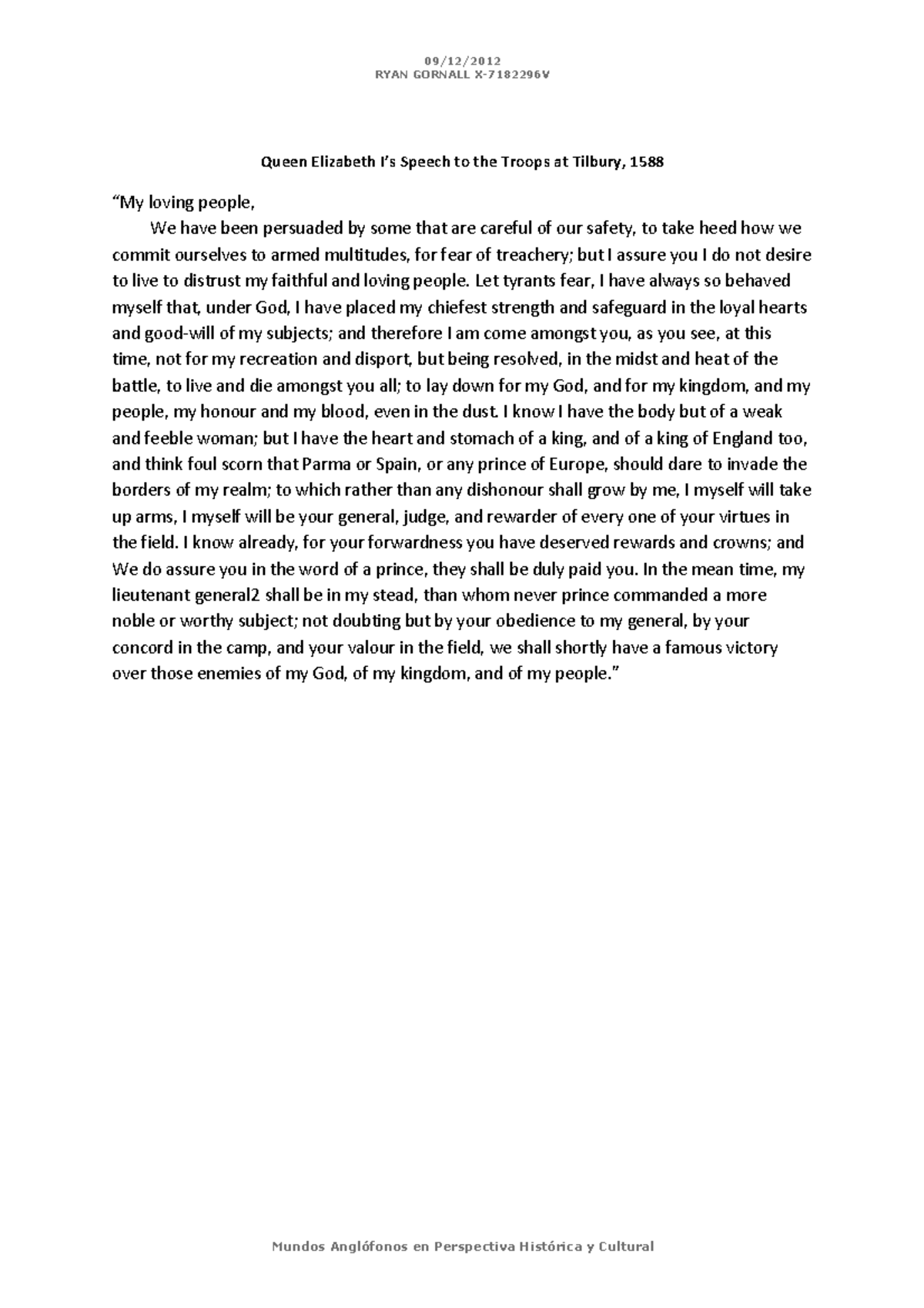 Comentario de texto: Queen Elizabeth I’s Speech to the Troops at ...