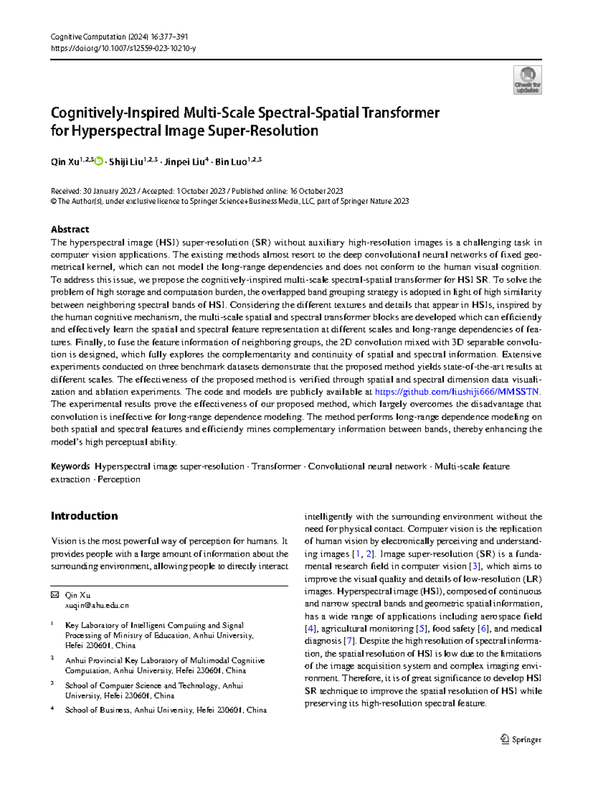 Cognitively-Inspired Multi-Scale Spectral-Spatial Transformer for Hyperspectral Image - Studocu