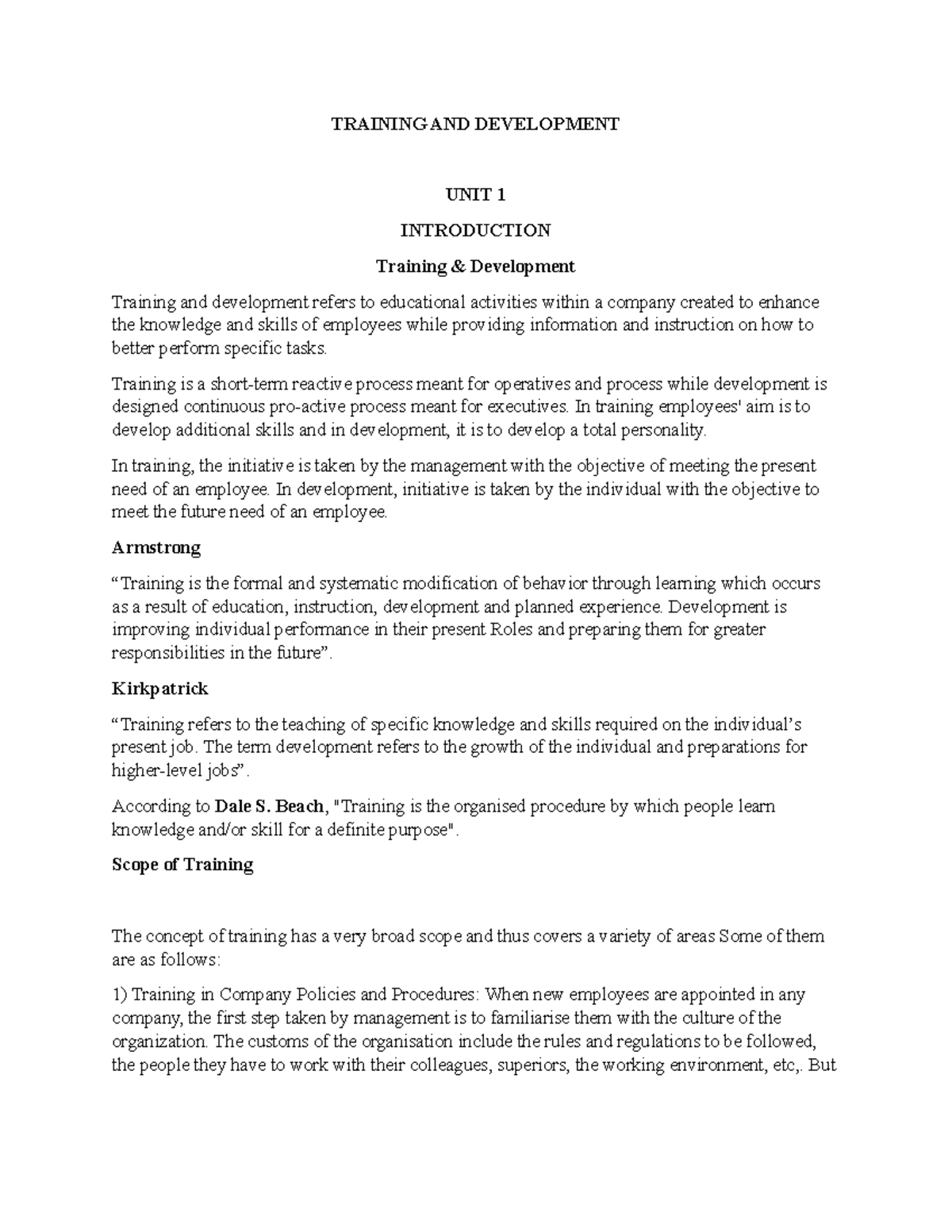 Training and Development - Final - TRAINING AND DEVELOPMENT UNIT 1 ...