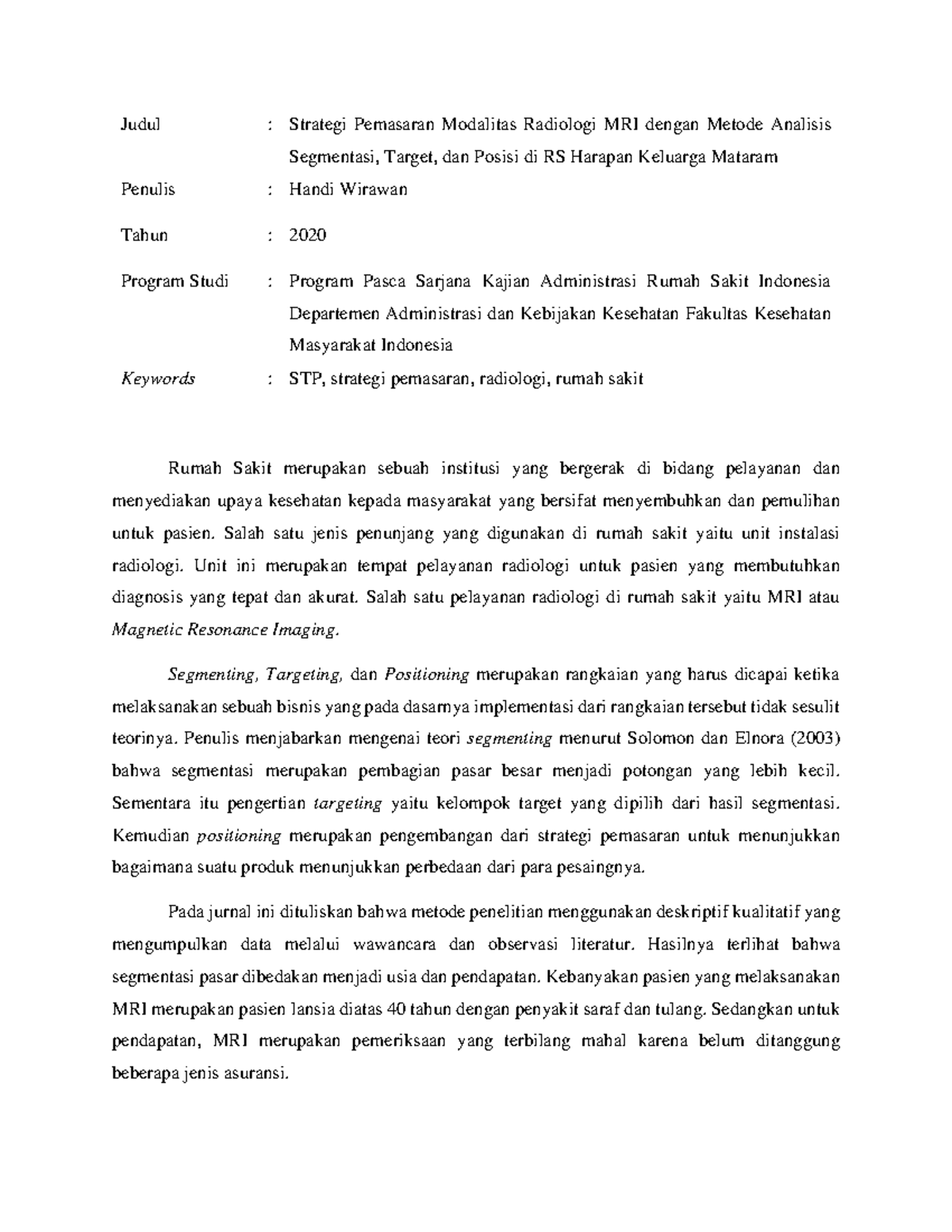 Jurnal STP 041 - Judul : Strategi Pemasaran Modalitas Radiologi MRI ...