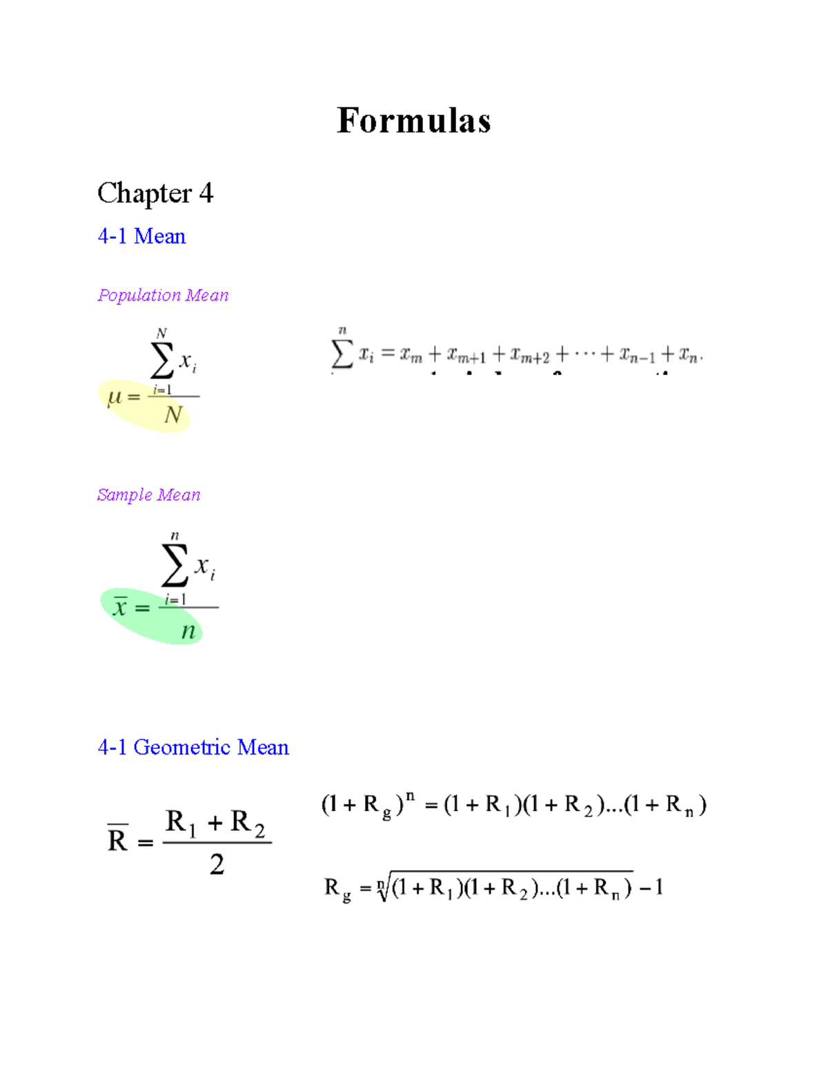 Formulas - efovjoerv - Formulas Chapter 4 4-1 Mean Population Mean ...