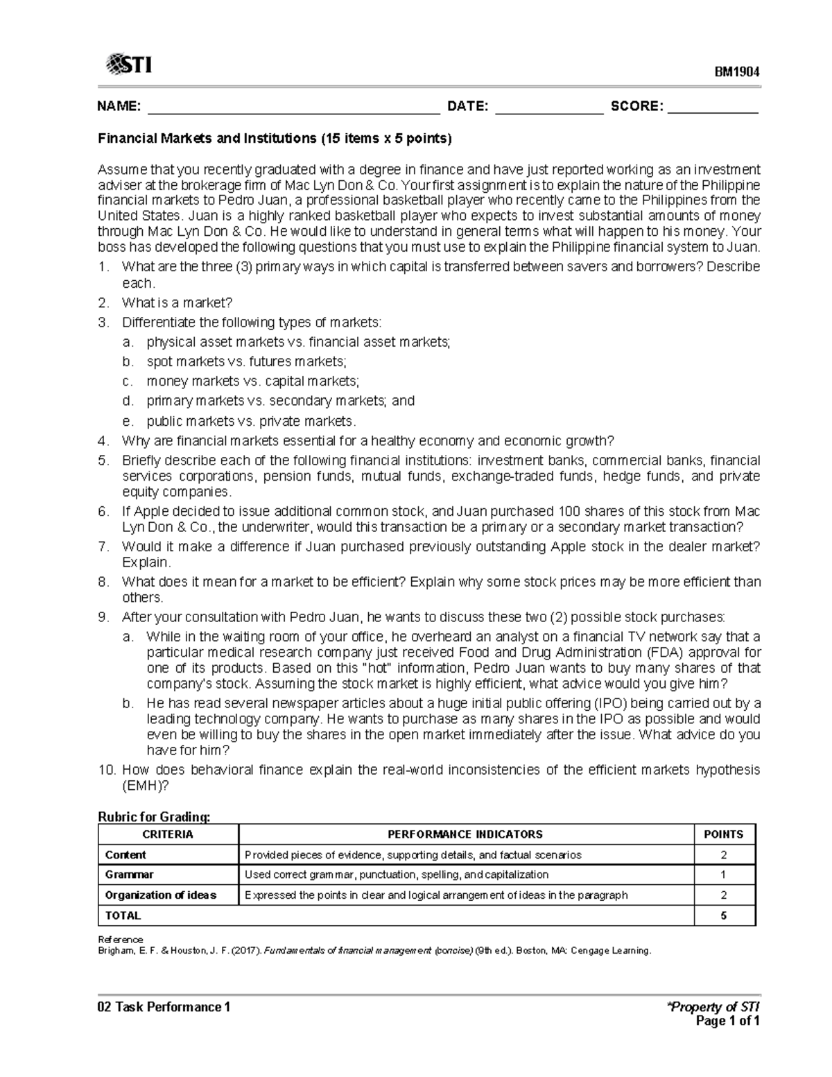 02 Task Performance 1(17) - BM 02 Task Performance 1 *Property of STI ...