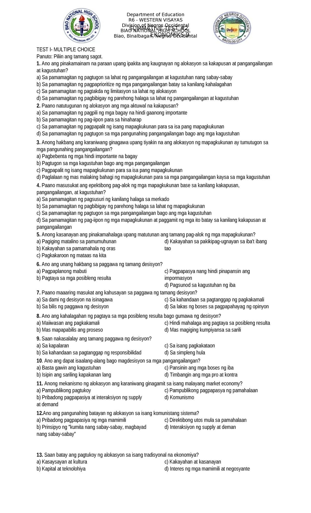 Alokasyon-at-pagkonsumo - SUMMATIVE TEST EKONOMIKS 9 TEST I- MULTIPLE ...