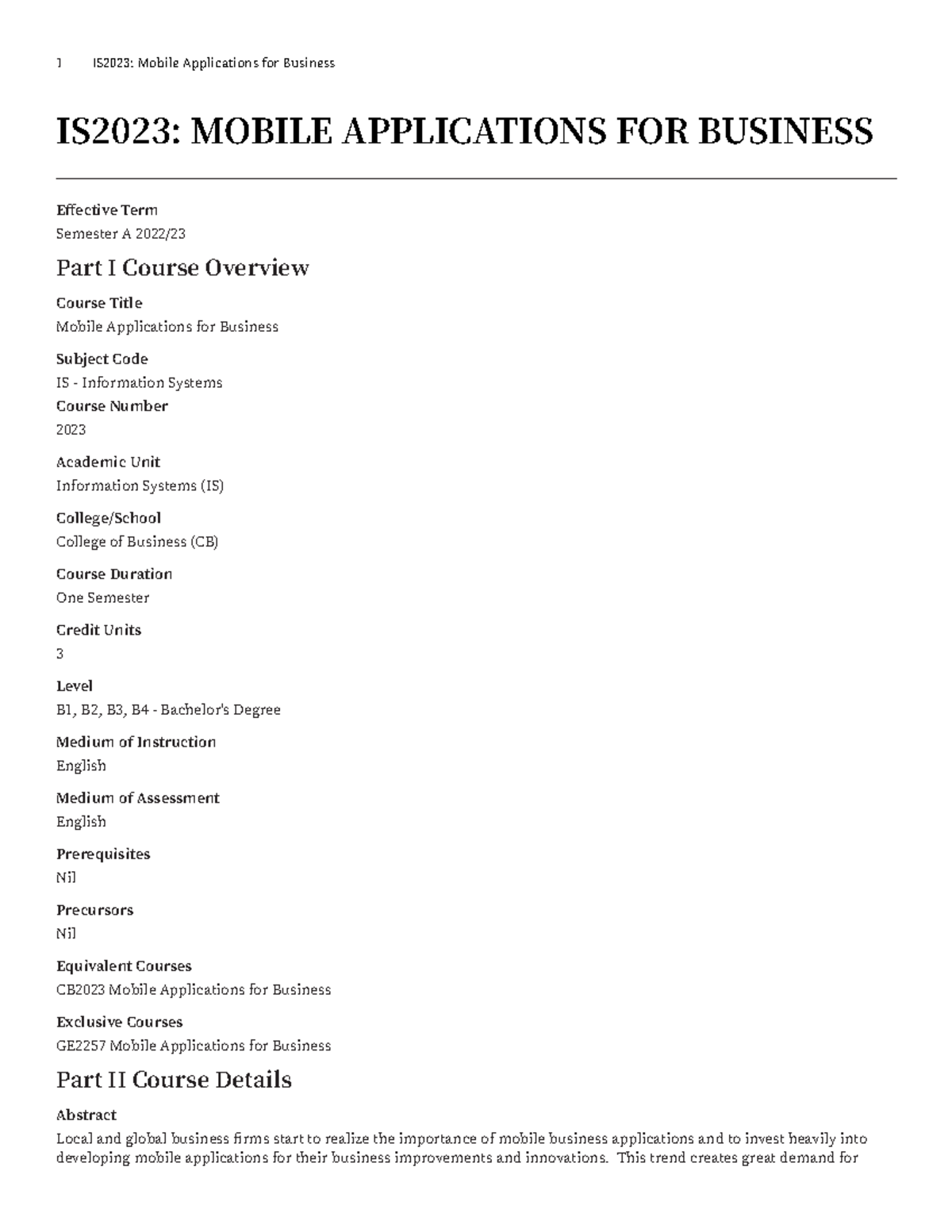 IS2023 - note - IS2023: MOBILE APPLICATIONS FOR BUSINESS Effective Term ...