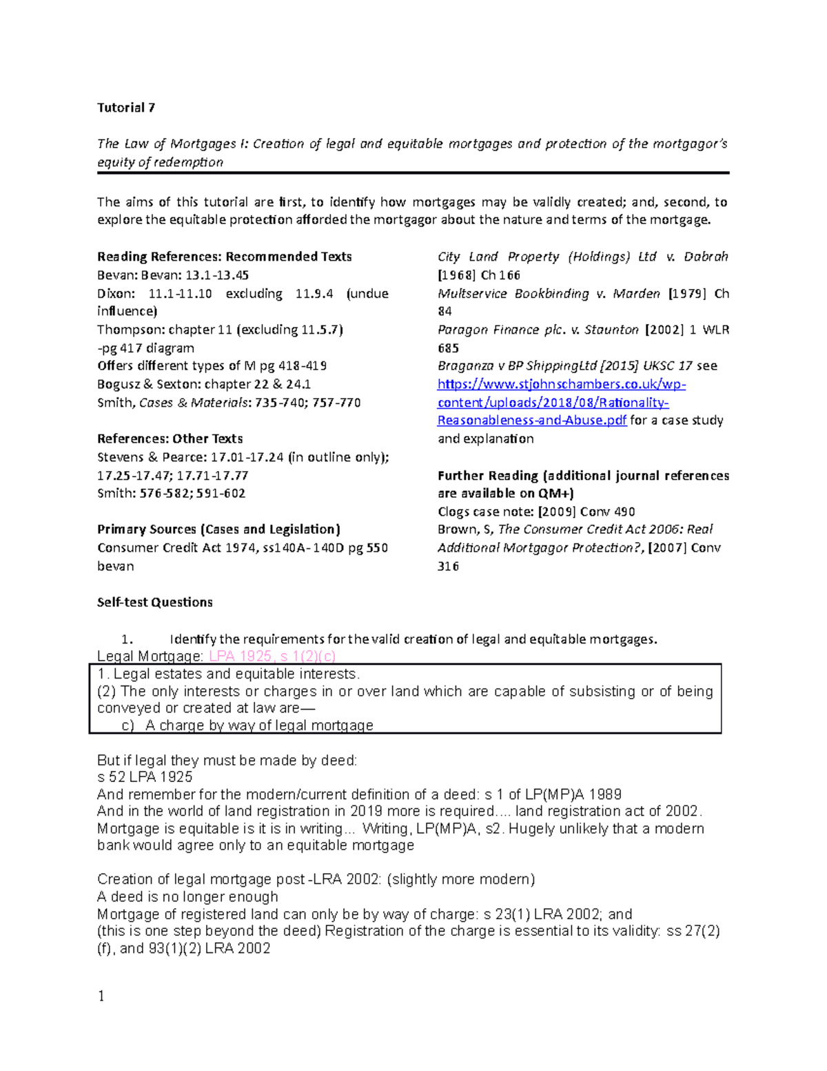Week 7 Tutorial Worksheet - Tutorial 7 The Law of Mortgages I: Creation of legal and equitable ...
