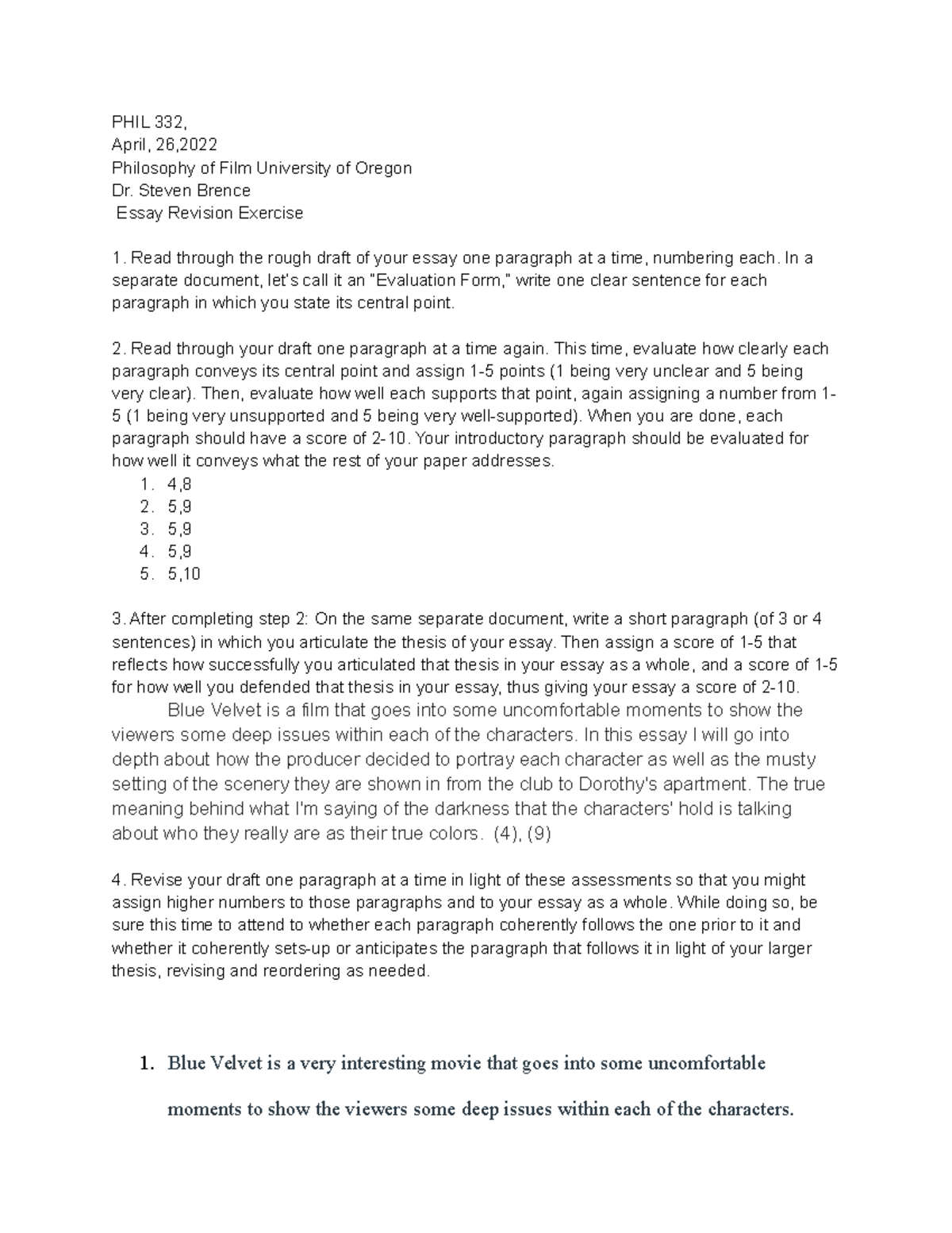Phil evaluation form - philosophy of film uo summary notes - PHIL 332 ...