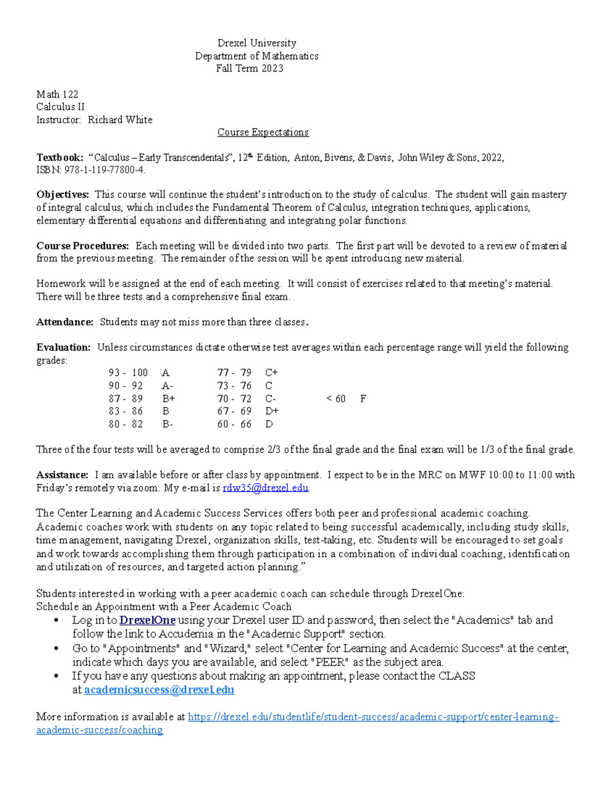 Math 122 Syllabus fall 23 - Drexel University Department of Mathematics Fall Term 2023 Math 122 ...