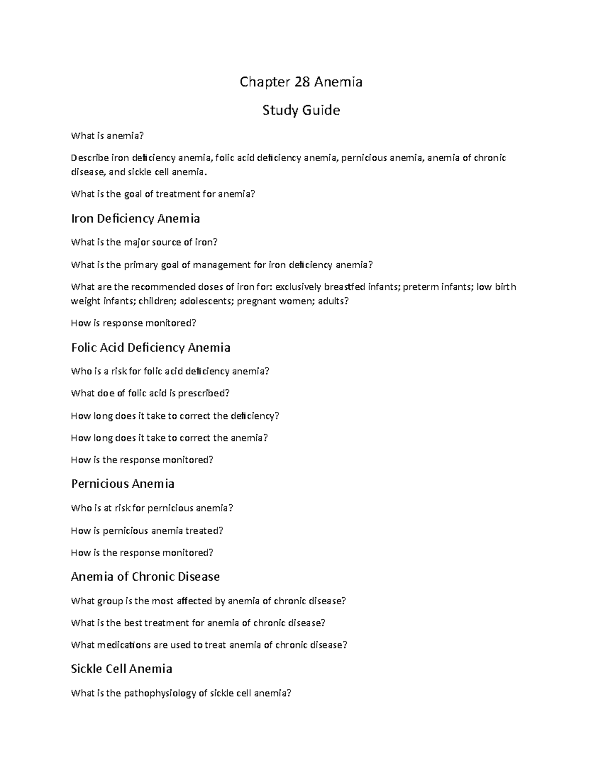 Chapter 28 Anemia - Chapter 28 Anemia Study Guide What is anemia ...
