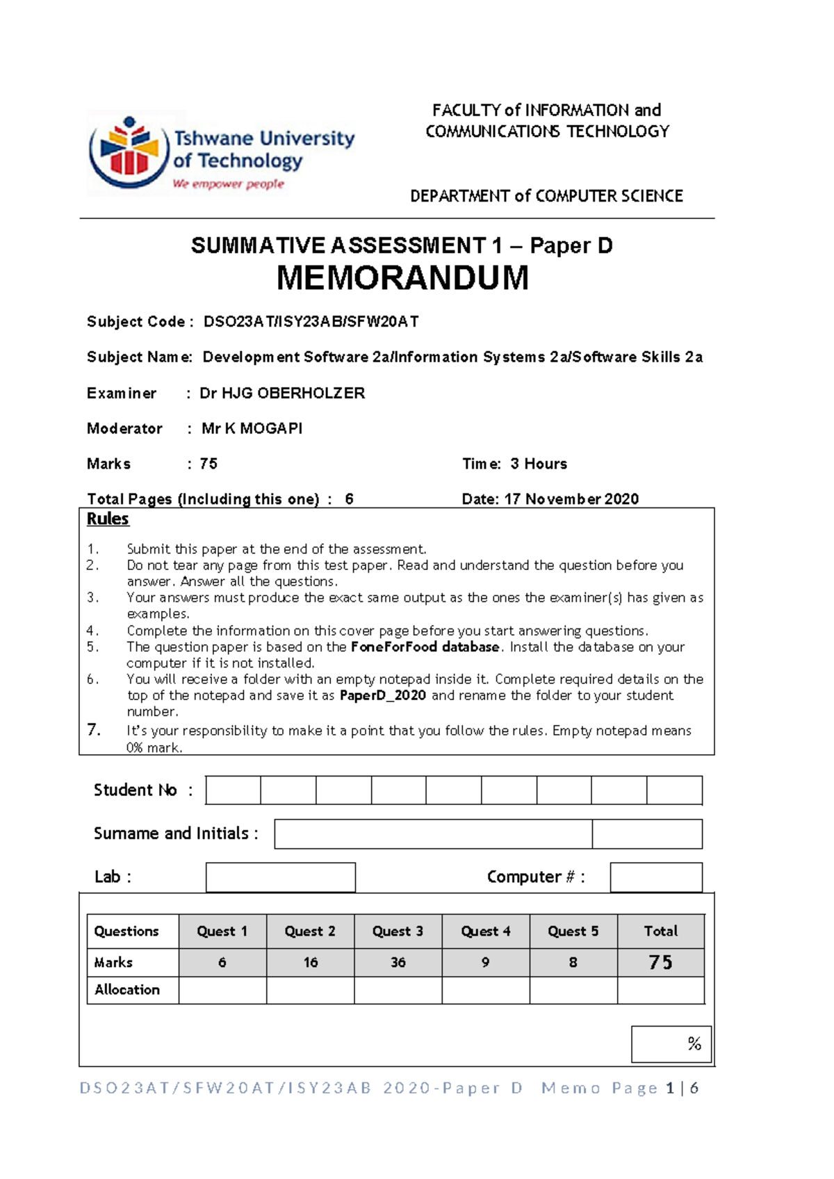 DSO23AT - Summative Assessment Paper D e Malahleni MEMO - FACULTY of ...