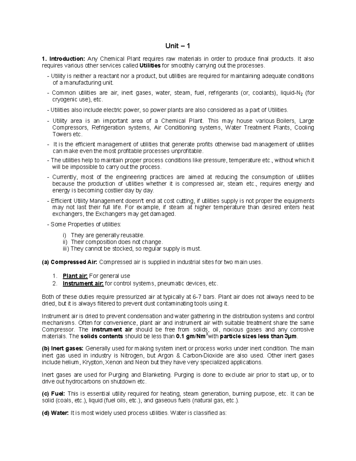 Plant Utilities-Intro-Content - Unit – 1 Introduction: Any Chemical ...