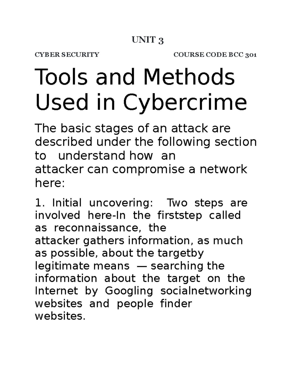 UNIT 3 Tools - Notes - UNIT 3 CYBER SECURITY COURSE CODE BCC 301 Tools ...