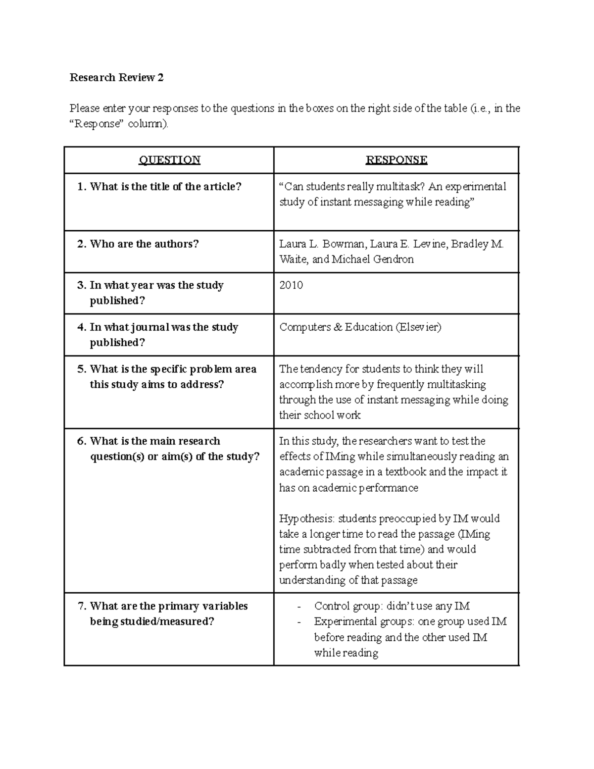 Research Review 2 - , in the “Response” column). QUESTION RESPONSE What ...