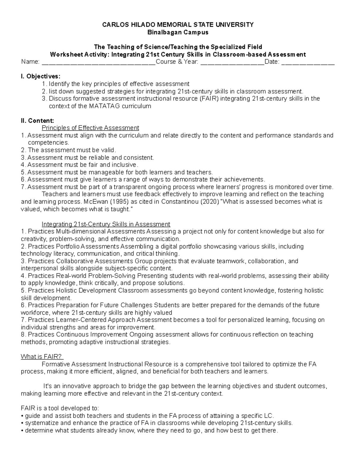 Ating 21st Century Skills in Classroom based Assessment - CARLOS HILADO MEMORIAL STATE ...