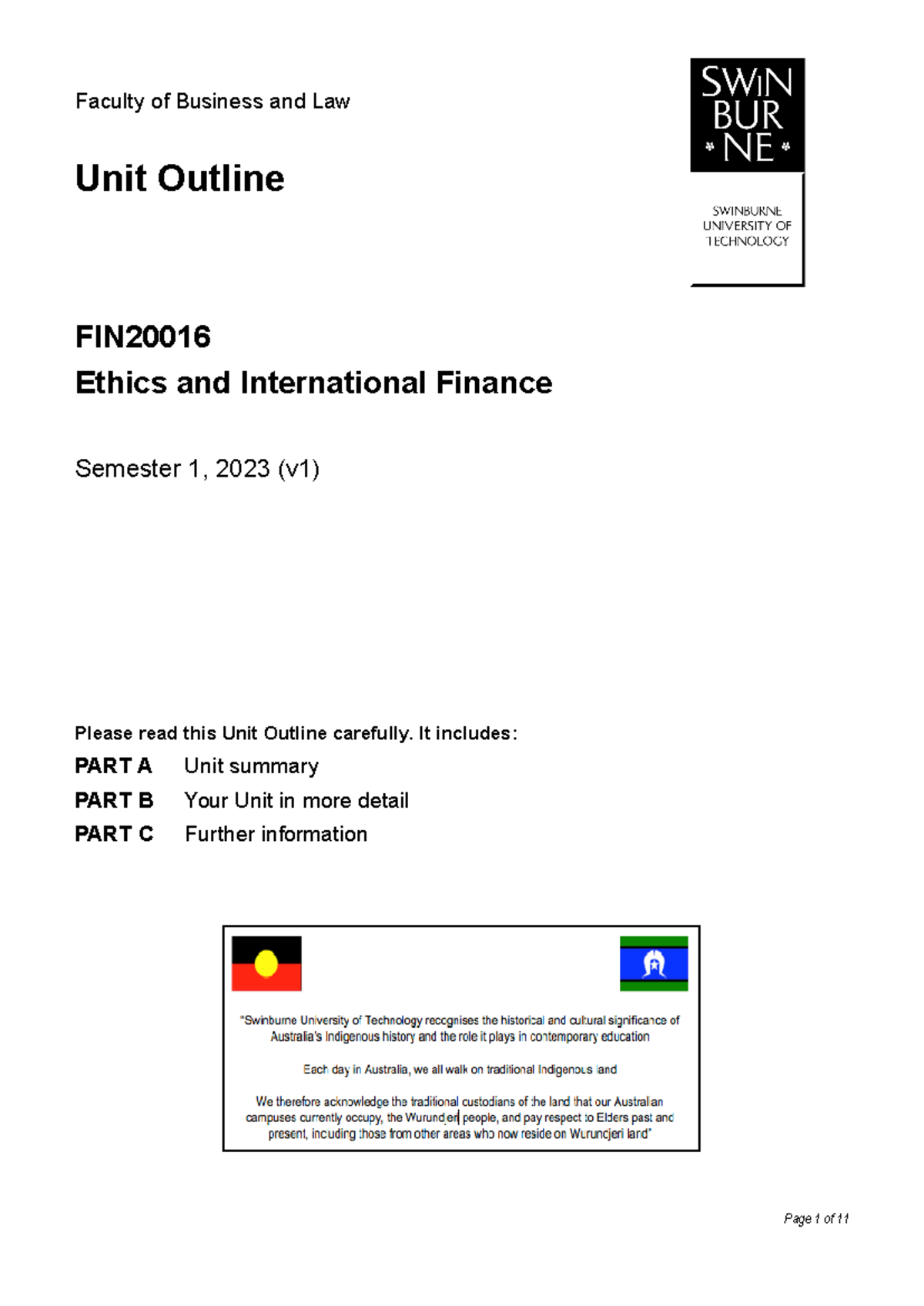 FIN2001 6 Ethics & Int Finanace S1 2023 - Faculty of Business and Law Unit Outline FIN Ethics ...