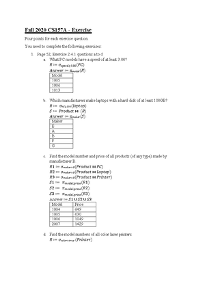 CS157A Exercise Ch3 - Practice for chapter 3 - CS157A Exercise Ch3 Design Theory for relational ...