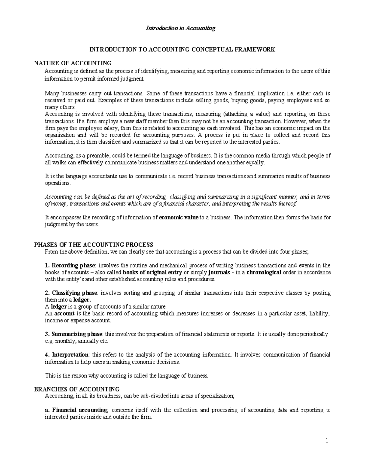 Introduction To Accounting Conceptual Framework I Introduction To Accounting Conceptual