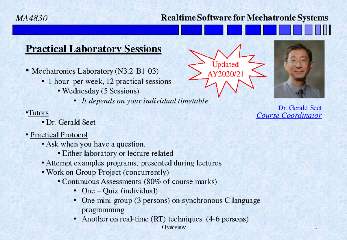 2020 MA4830 Overview - 1 Practical Laboratory Sessions Mechatronics ...