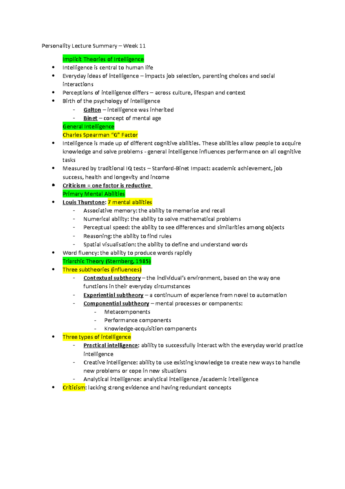 Personality Lecture Summary Week 11 Personality Lecture Summary Week 11 Implicit Theories 
