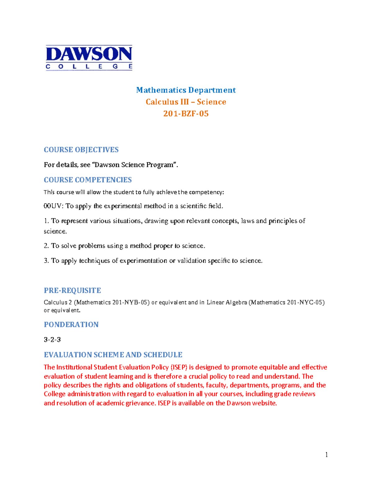 Calculus 3 Course Outline - Mathematics Department Calculus III ...