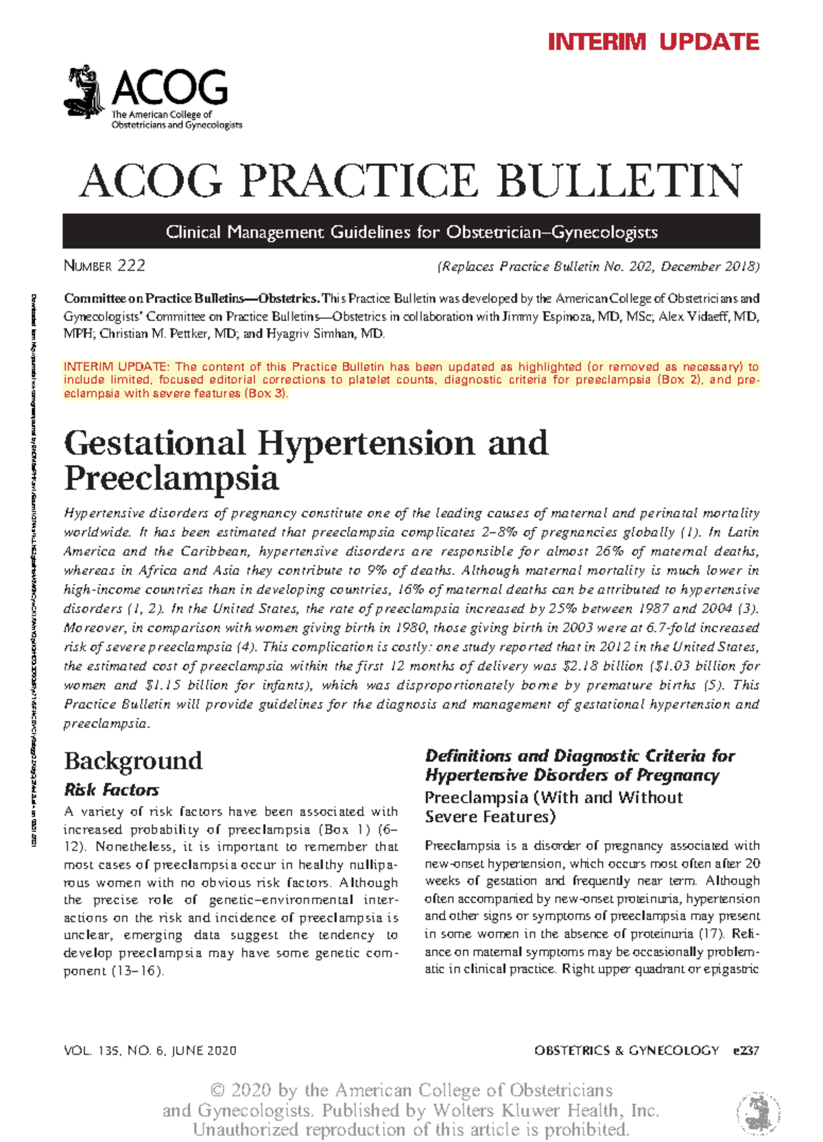 Gestational Hypertension and PE. ACOG. 2020 - Downloaded from journals ...