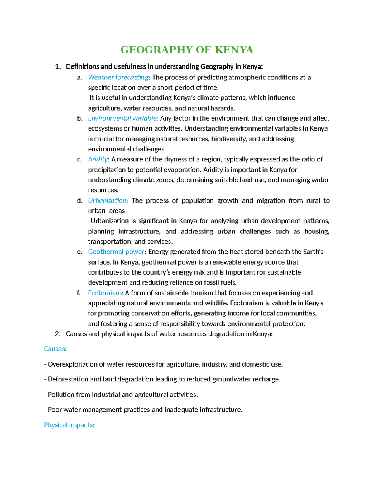 Geoexam 2 - Notes - GEOGRAPHY OF KENYA Definitions and usefulness in ...