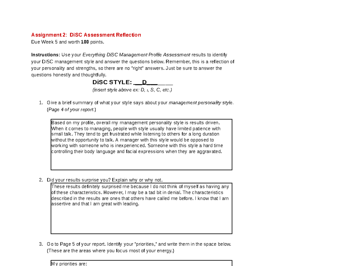 JGR100 Assignment 2 Worksheet - Assignment 2: DiSC Assessment Reflection Due Week 5 and worth ...
