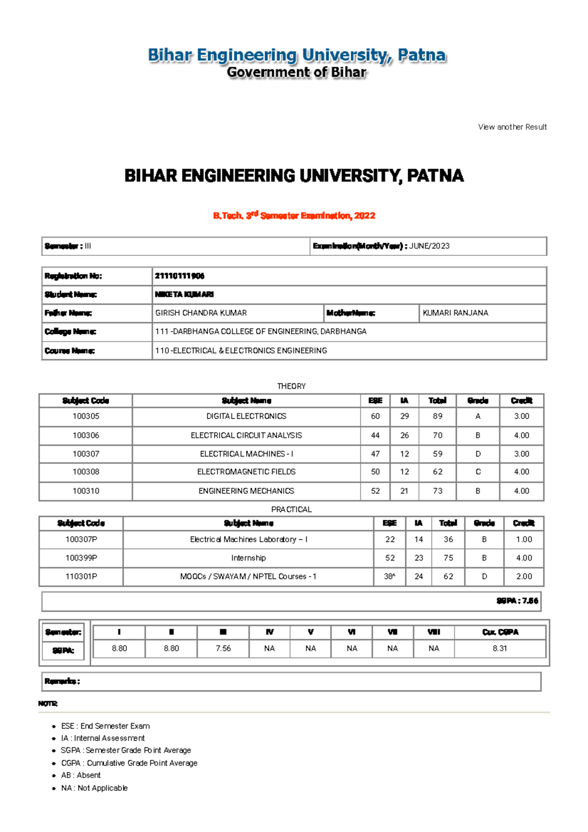 3rd sem results - View another Result BIHAR ENGINEERING UNIVERSITY, PATNA B. 3rd Semester - Studocu