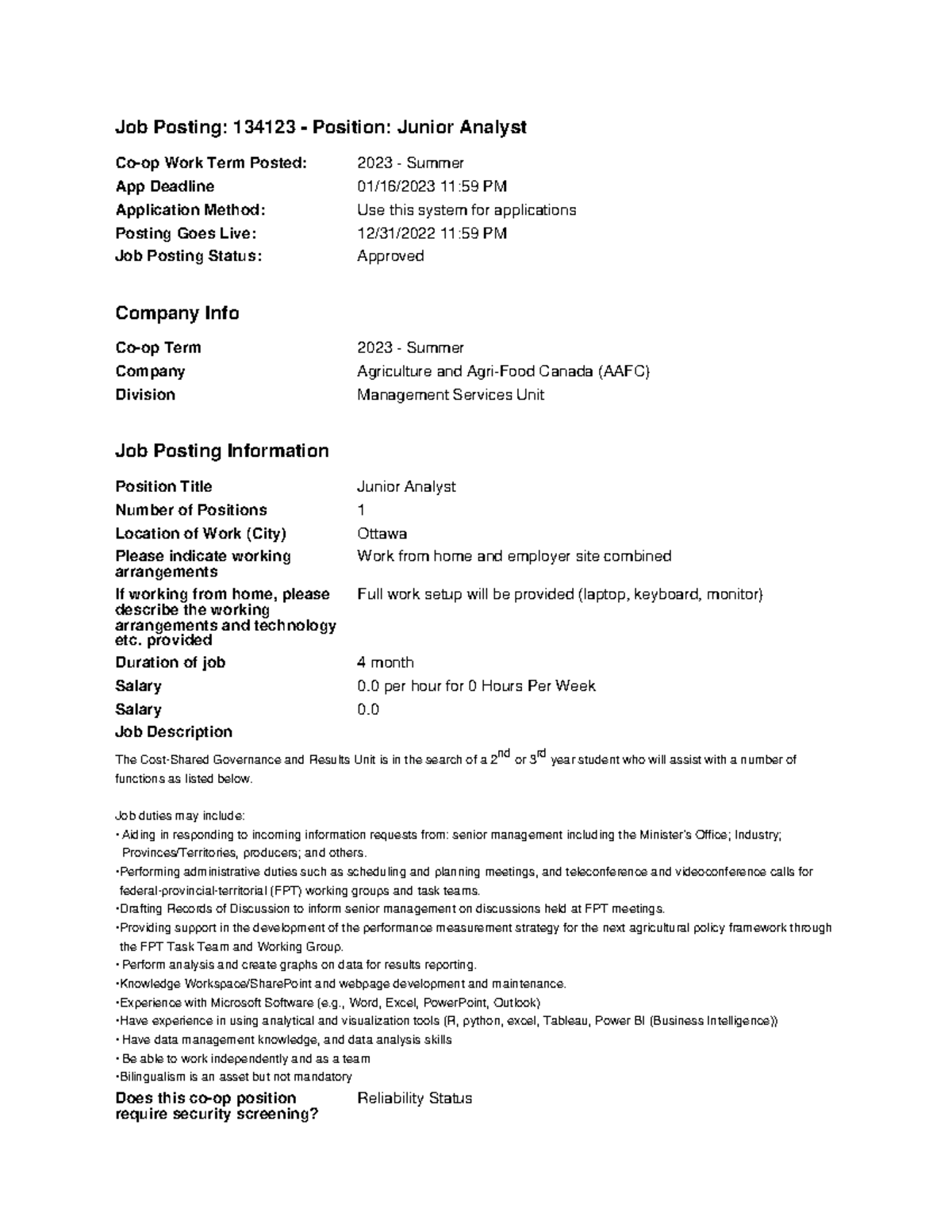 Junior Analyst-134123 - Job Posting: 134123 - Position: Junior Analyst ...