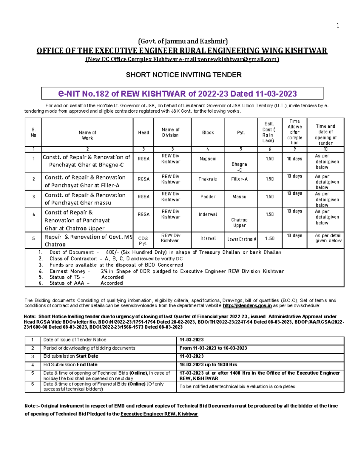 REW NIT NO 182 - Important for project - e-NIT No of REW KISHTWAR of ...