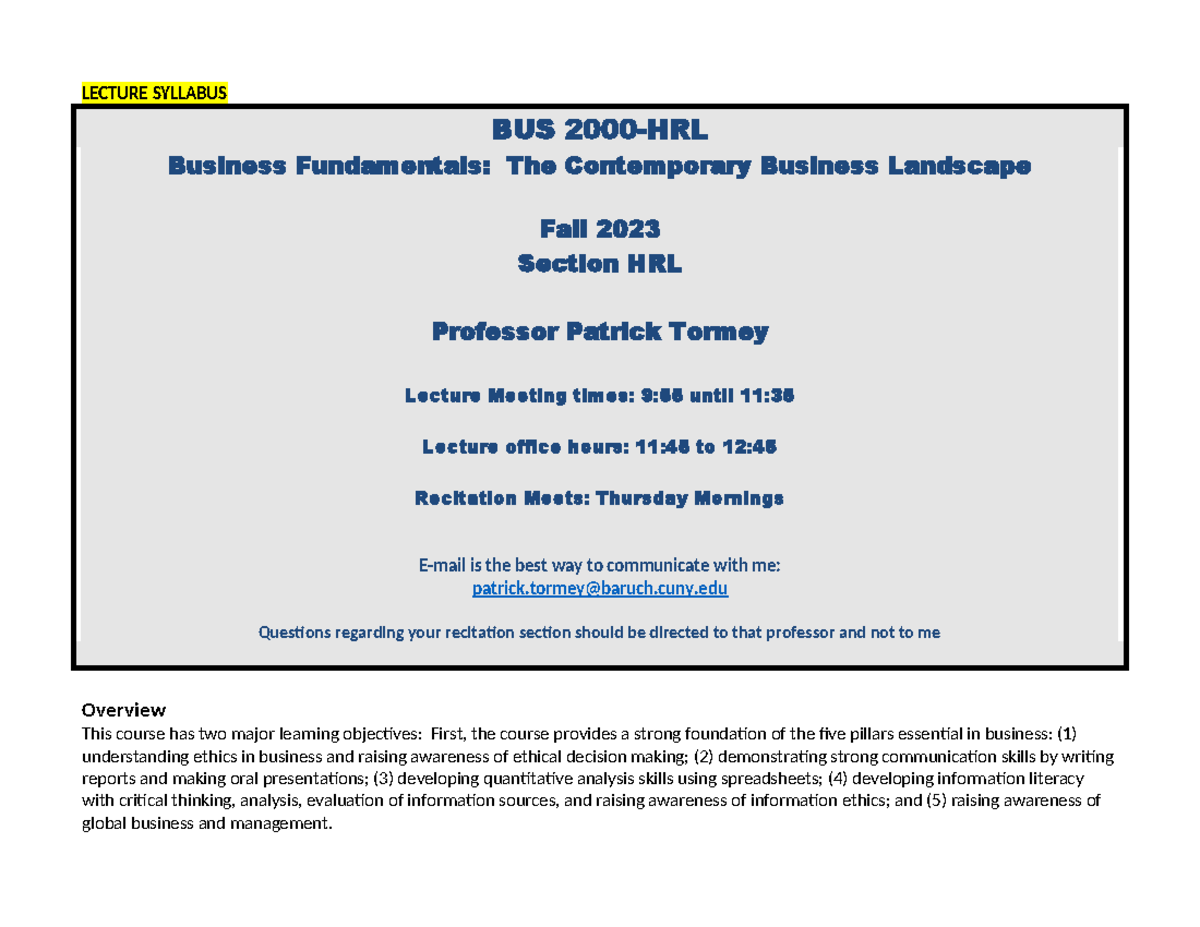 +BUS 2000 Syllabus-Fall 2023-Professor Tormey+(1) - LECTURE SYLLABUS ...