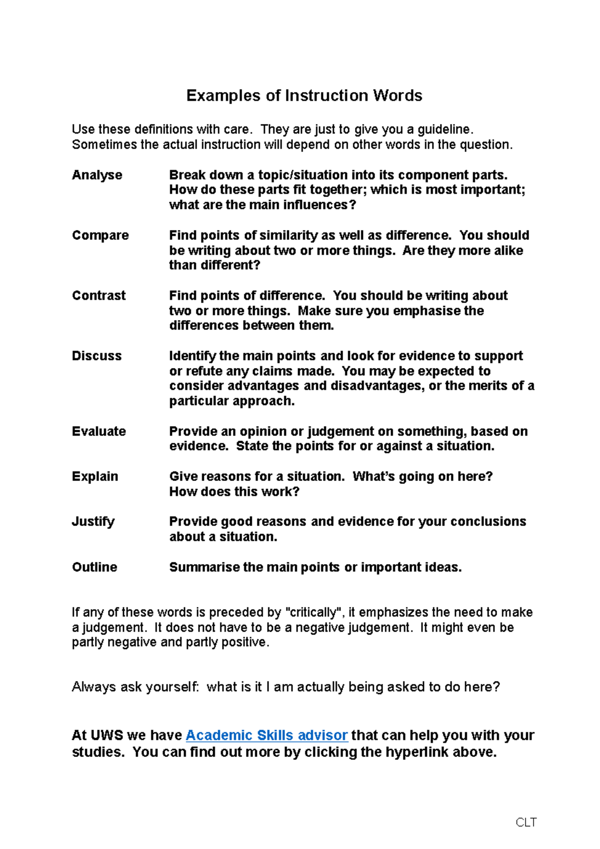 Examples of Instruction Words - They are just to give you a guideline ...