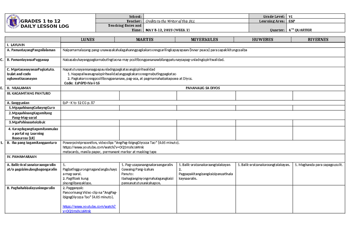 DLL ESP 6 Q4 W2 - Daily Lesson Log - GRADES 1 to 12 DAILY LESSON LOG School: Grade Level: VI ...